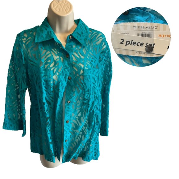 White Stag | Tops | White Stag Womens Teal Sachet 34 Sleeve Button Up Collared Tank Top 2 Piece ...